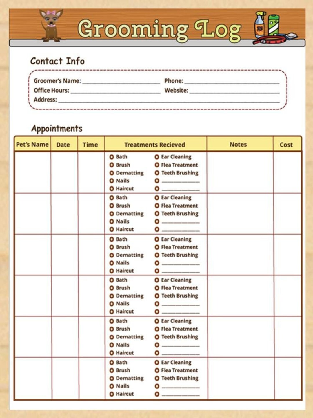 Printable Dog Grooming Log, Pet Groomer's Schedule - Instant Download ...