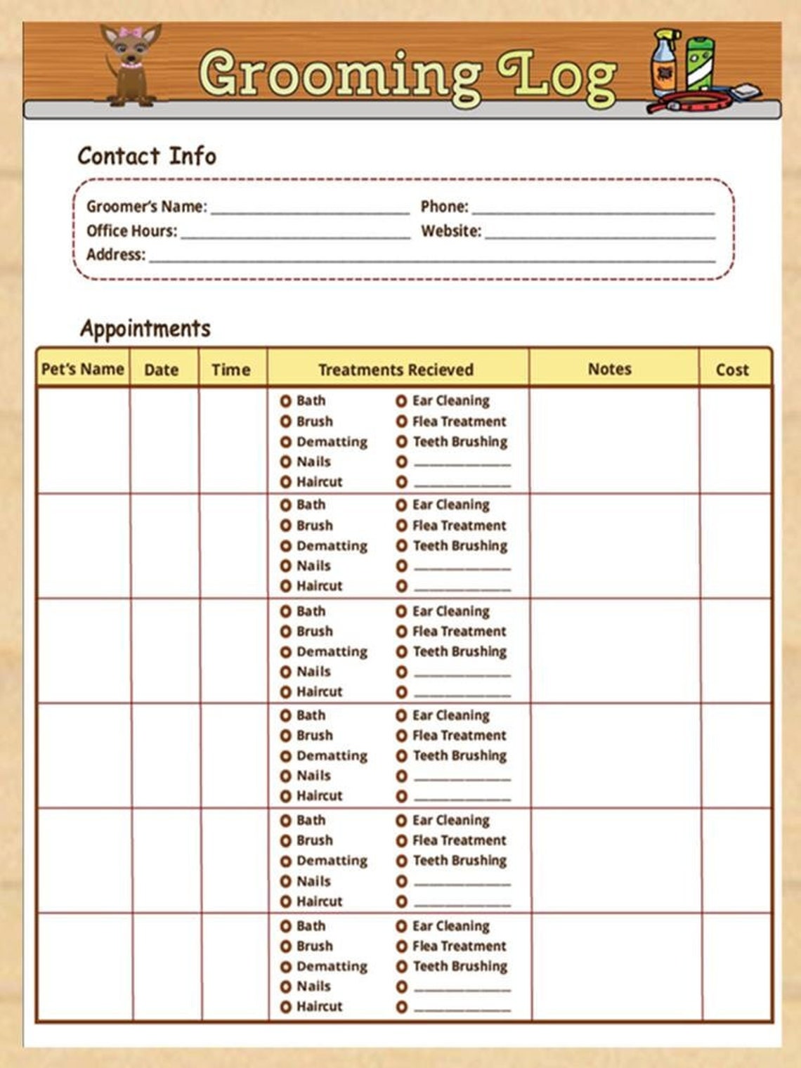 Printable Dog Grooming Log, Pet Groomer's Schedule - Instant Download ...