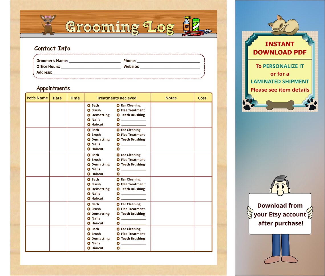 Printable Dog Grooming Log Pet Groomer's Schedule - Etsy