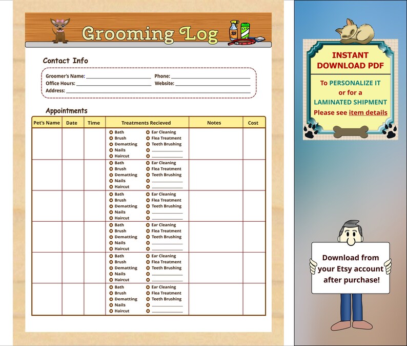 Printable Dog Grooming Log Pet Groomer's Schedule - Etsy