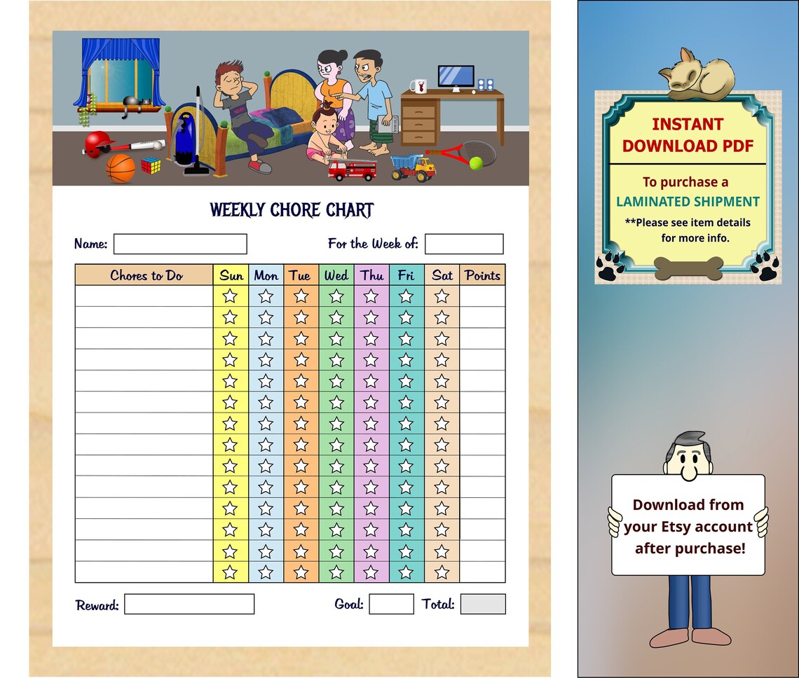 Printable Weekly Chore Chart for Kids Instant Download PDF - Etsy