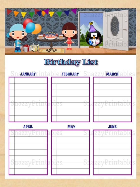 Printable Birthday List Calendar. Birthday Reminder List - Etsy