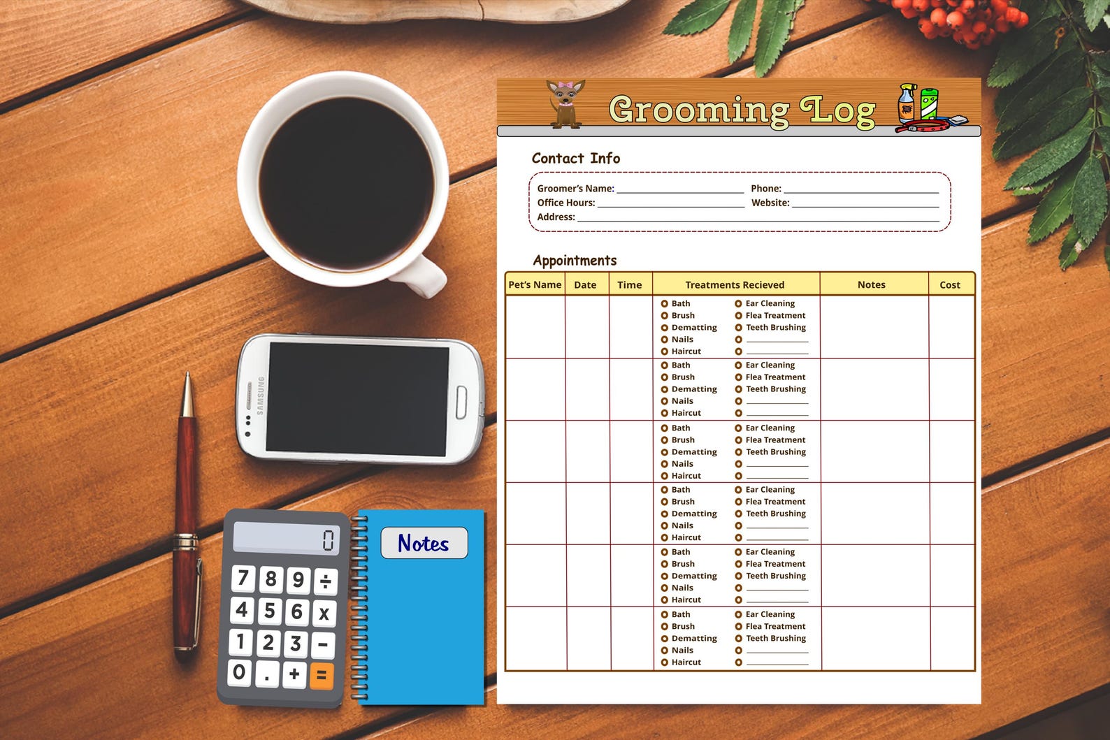Printable Dog Grooming Log, Pet Groomer Schedule, Grooming Appointment ...