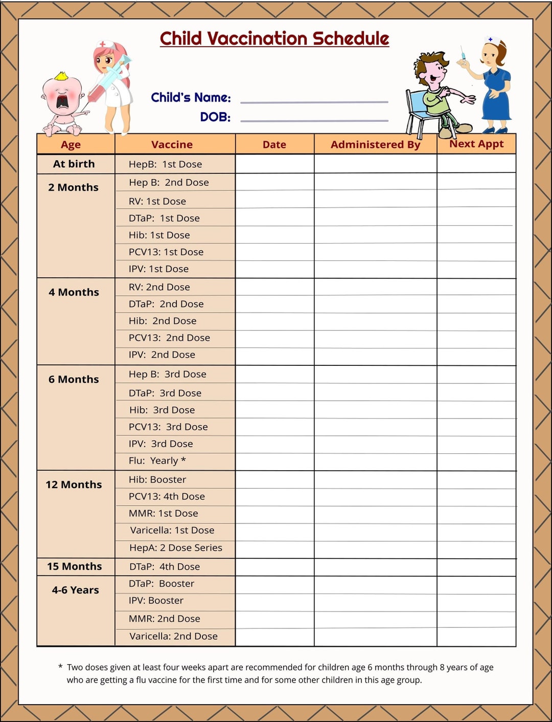 Printable Child Vaccination Schedule, Immunization Record, Vaccination ...