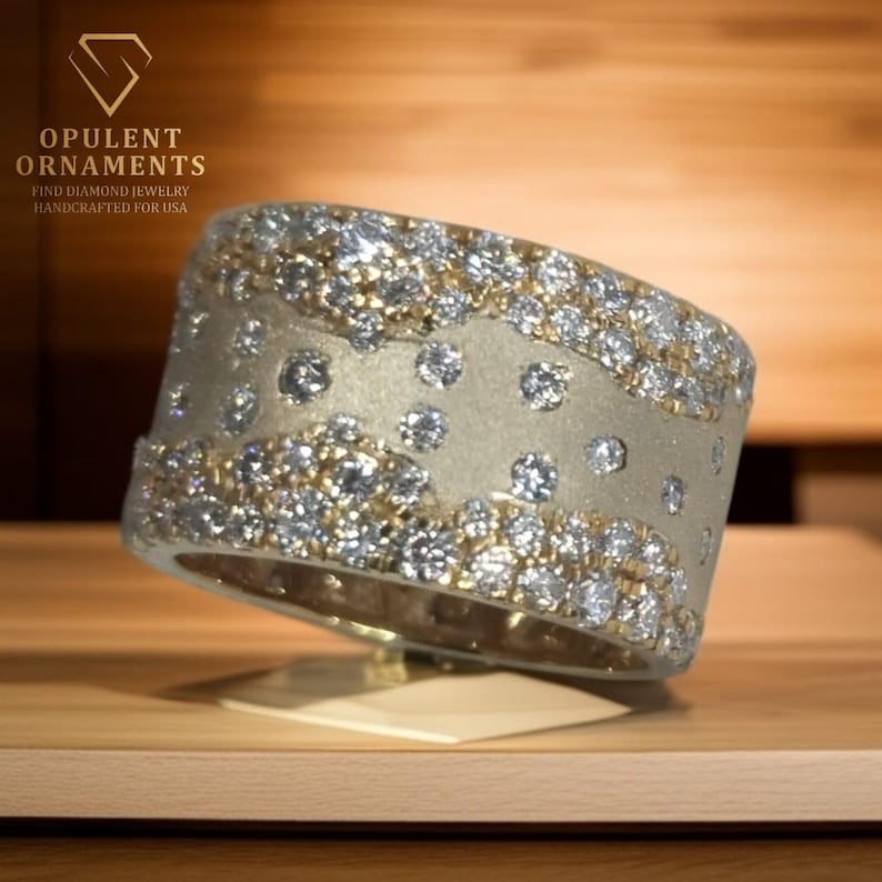 Round Diamond Gold Ring Wide Band 14k18k Yellow Gold Matte Finish ...
