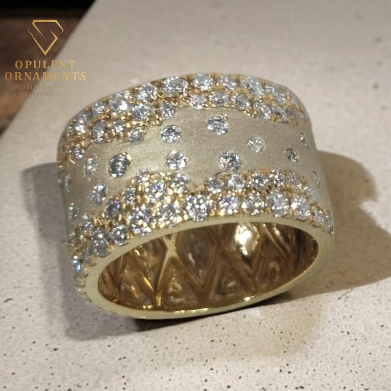 Round Diamond Gold Ring Wide Band 14k18k Yellow Gold Matte Finish ...