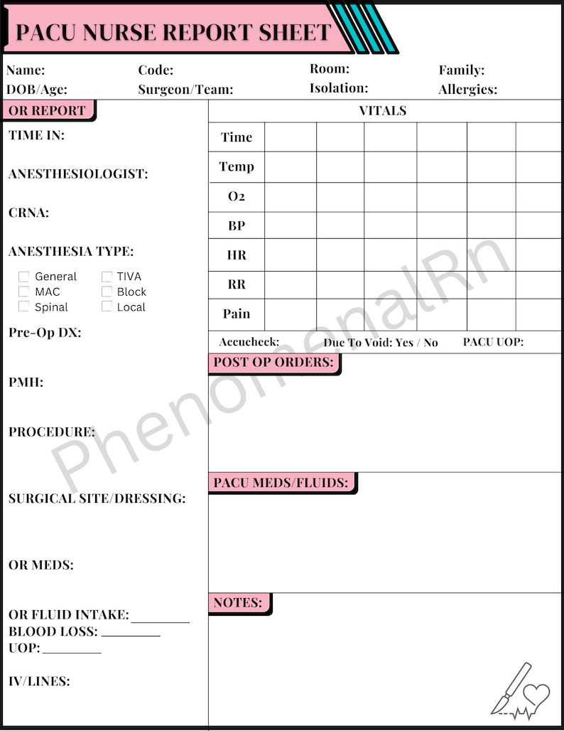 PACU Nurse Report Sheet Template PACU Nurse Brain Pacu - Etsy