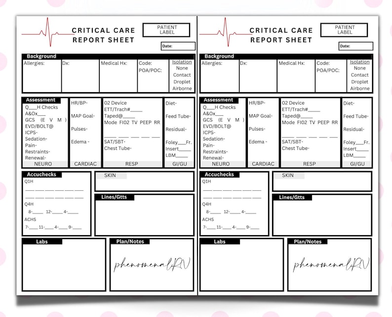 ICU Report Sheets Bundle, 4 Different 2pt ICU Nurse Report Sheets ...