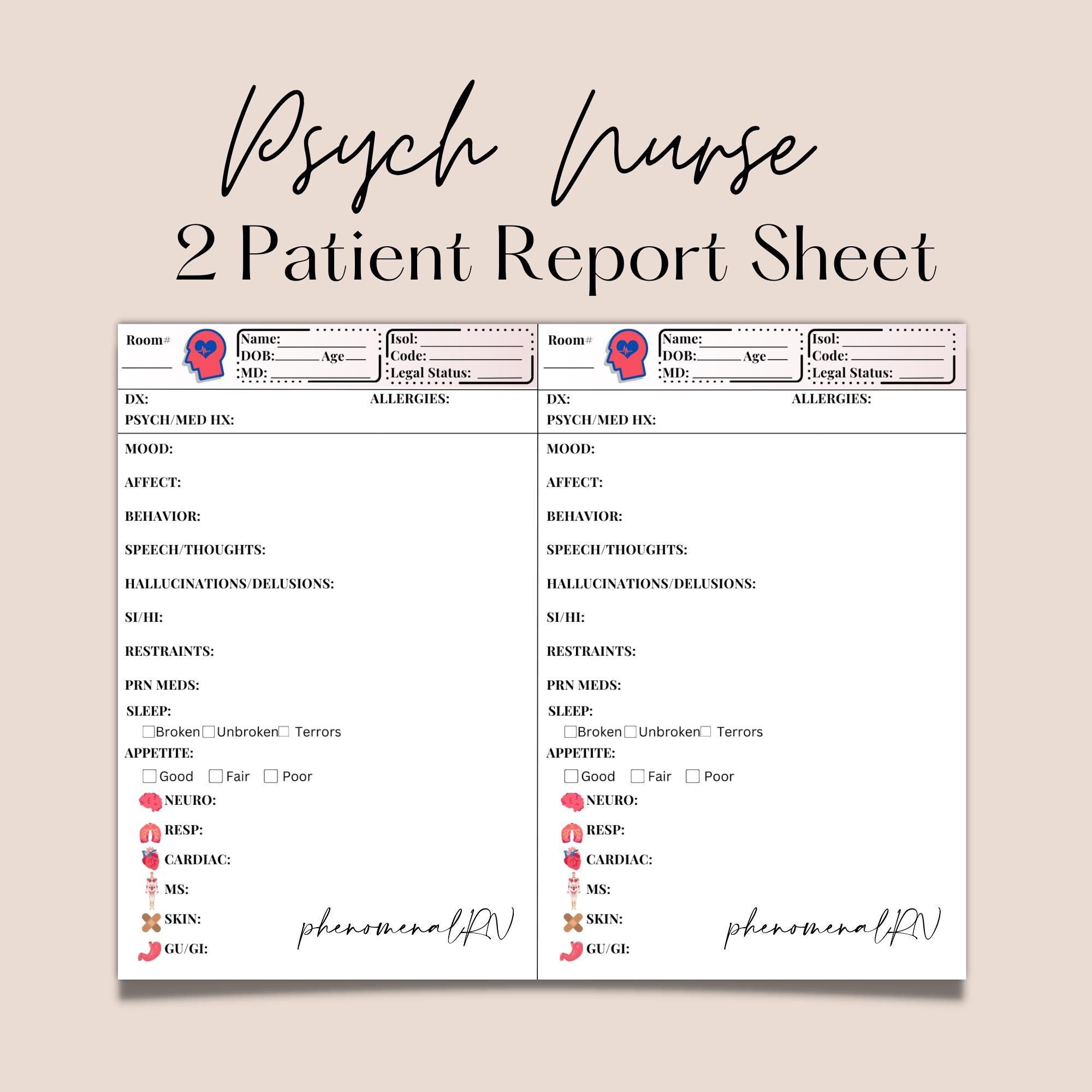 2 Patient Psychiatric Nurse Report Sheet, Mental Health, Behavioral ...