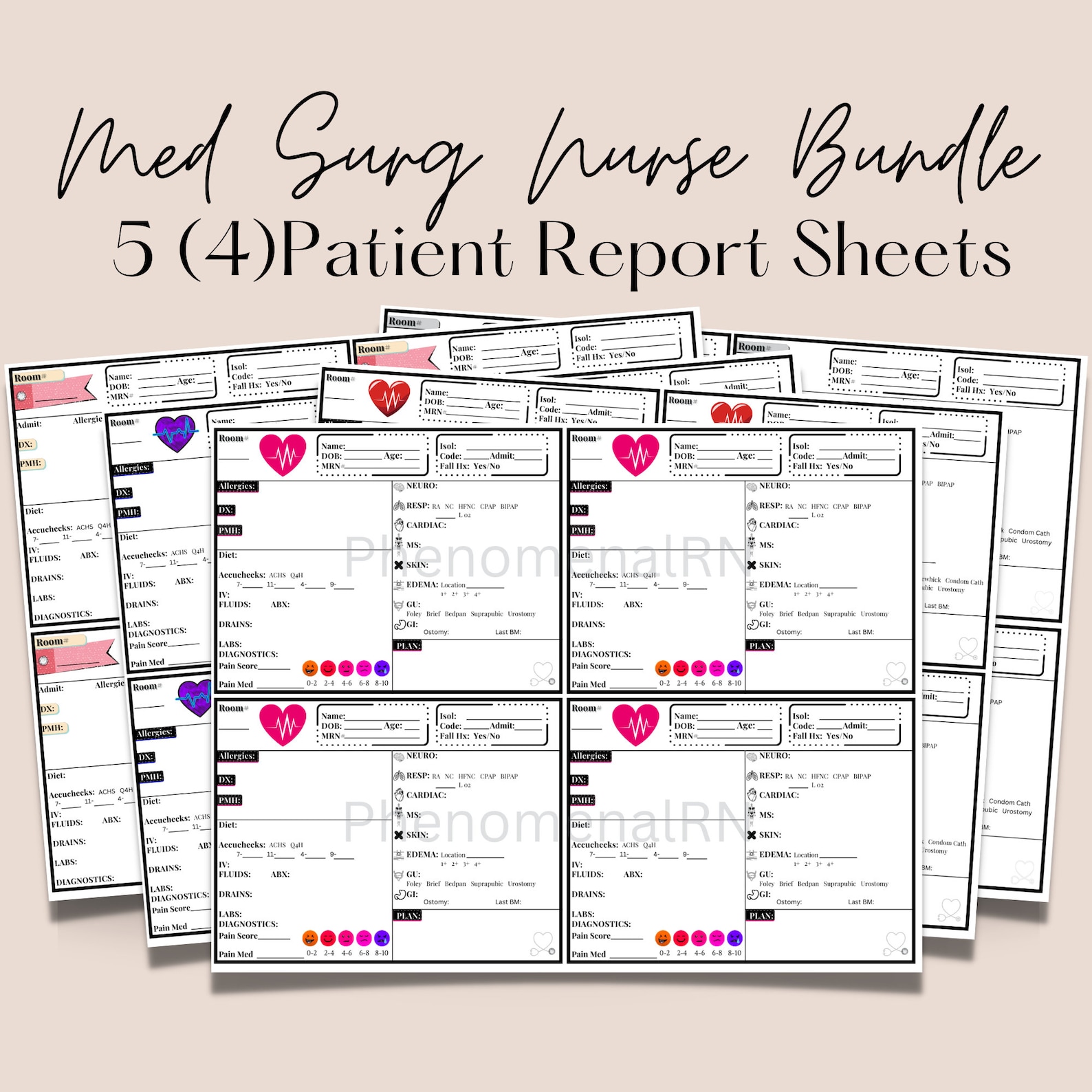 Med/surg Report Sheets Bundle,nurse Shift Report Template, Nursing ...