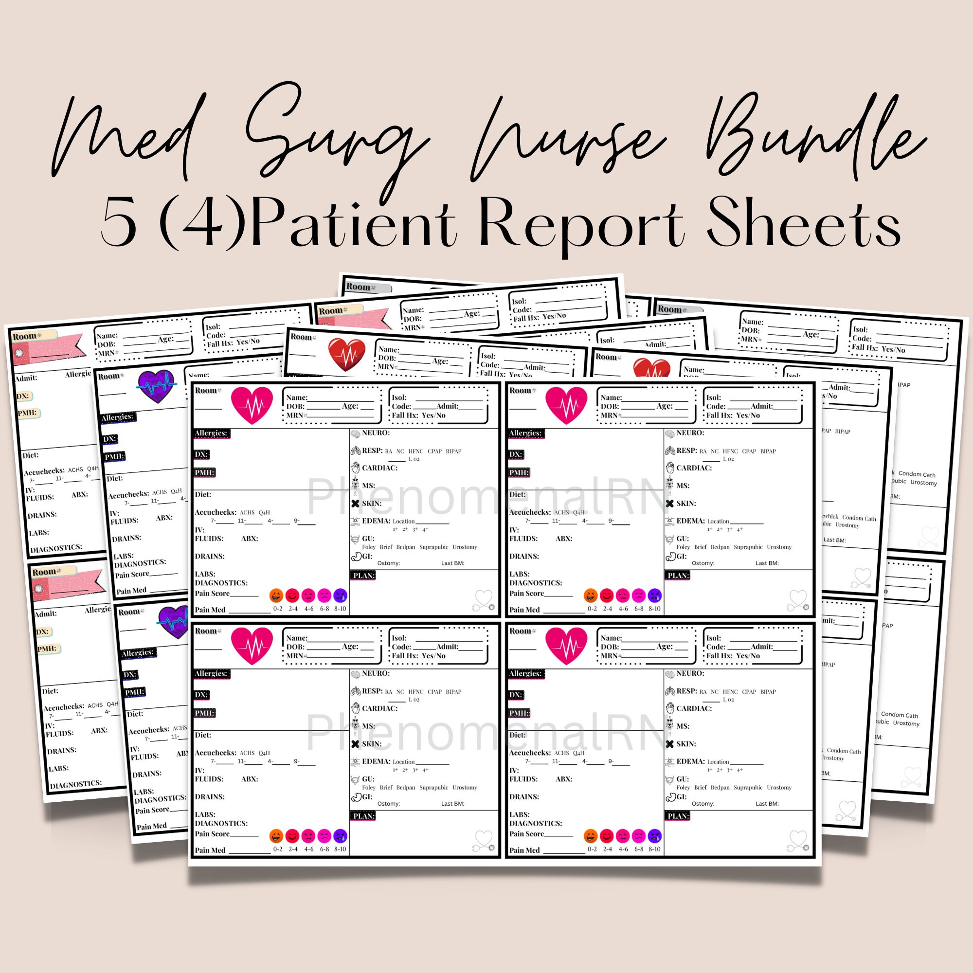 Med/surg Report Sheets Bundle,nurse Shift Report Template, Nursing ...