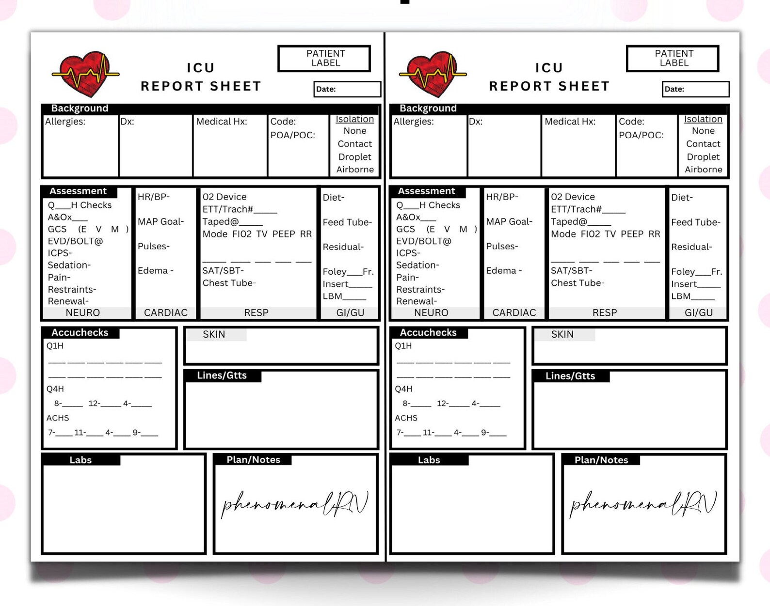 ICU Report Sheets Bundle, 4 Different 2pt ICU Nurse Report Sheets ...