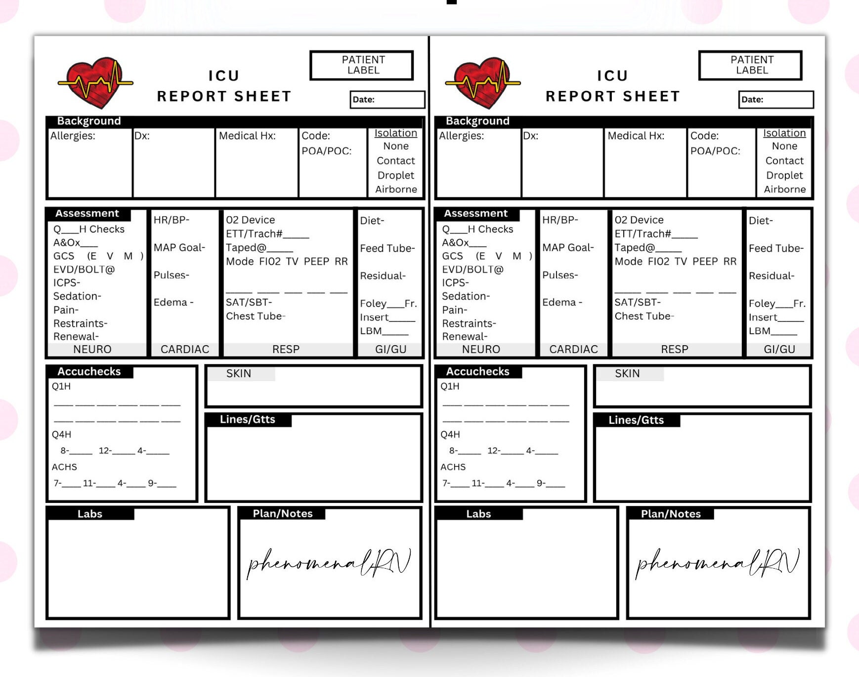 ICU Report Sheets Bundle, 4 Different 2pt ICU Nurse Report Sheets ...