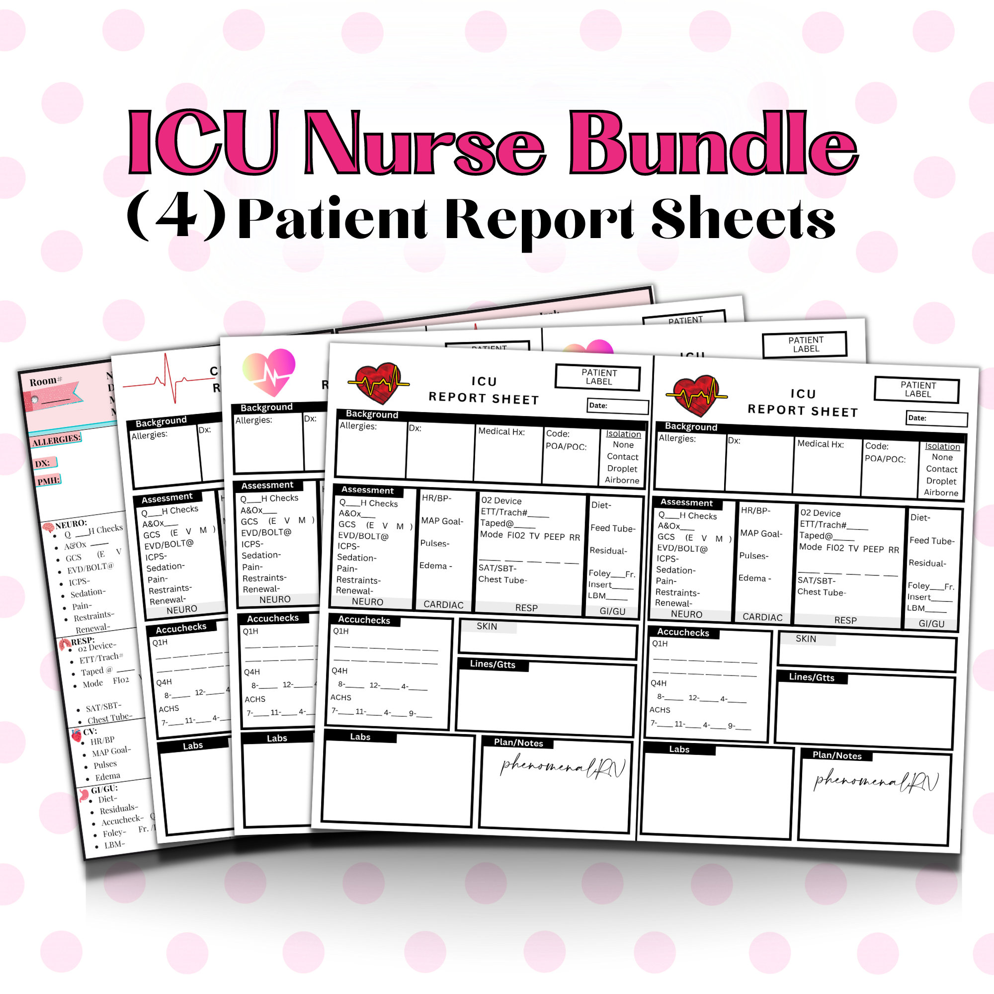 ICU Report Sheets Bundle, 4 Different 2pt ICU Nurse Report Sheets ...