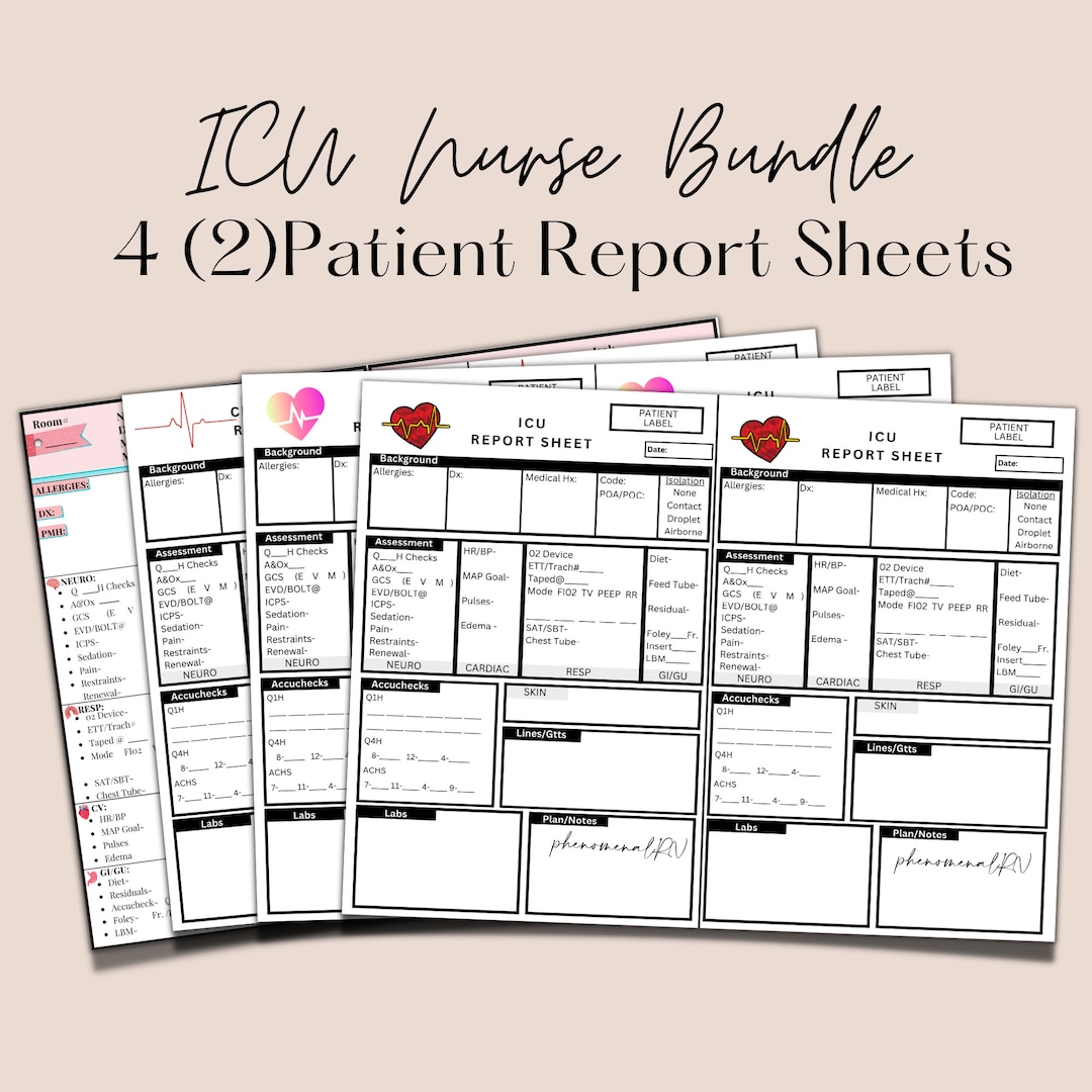 ICU Report Sheets Bundle, 4 Different 2pt ICU Nurse Report Sheets ...