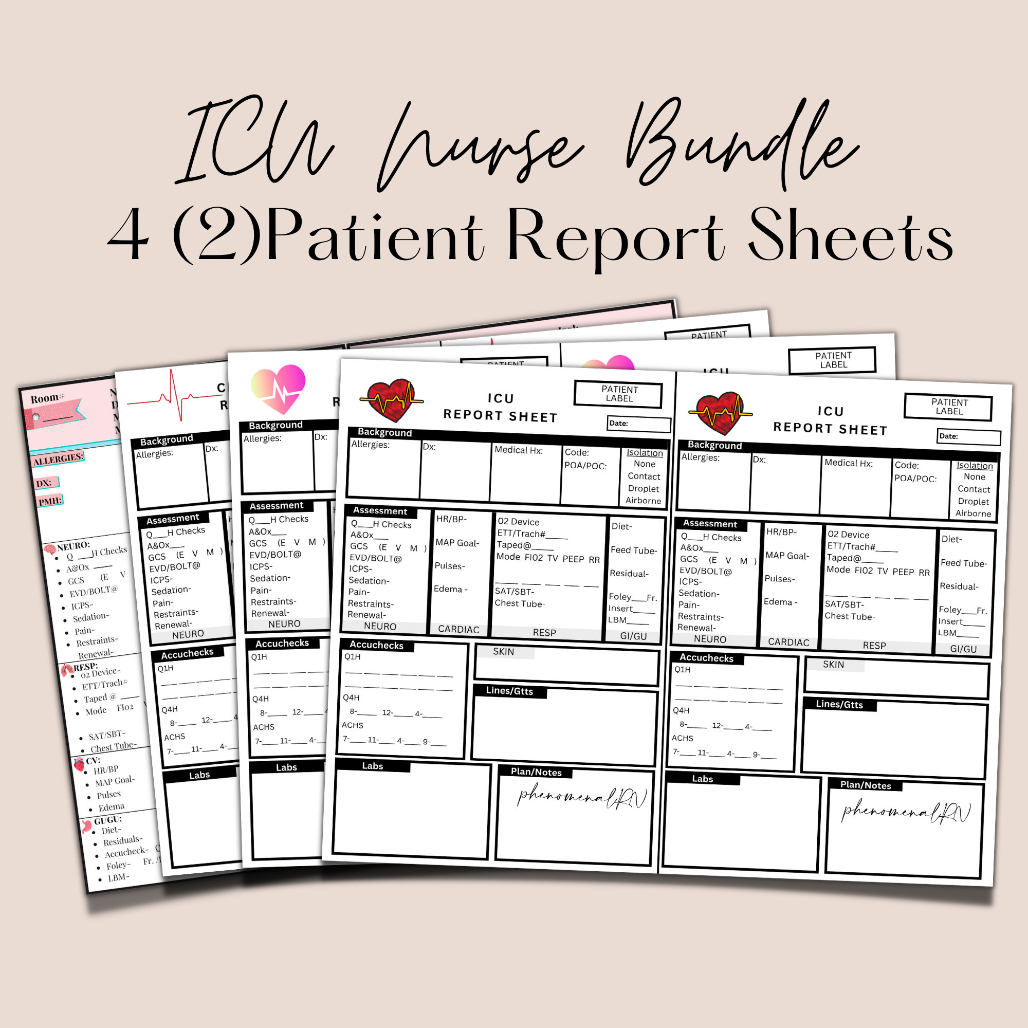 ICU Report Sheets Bundle, 4 Different 2pt ICU Nurse Report Sheets ...