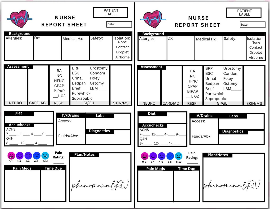 2 Patient Med/surg Nurse Shift Report Template, Nurse Brain Sheet, RN ...