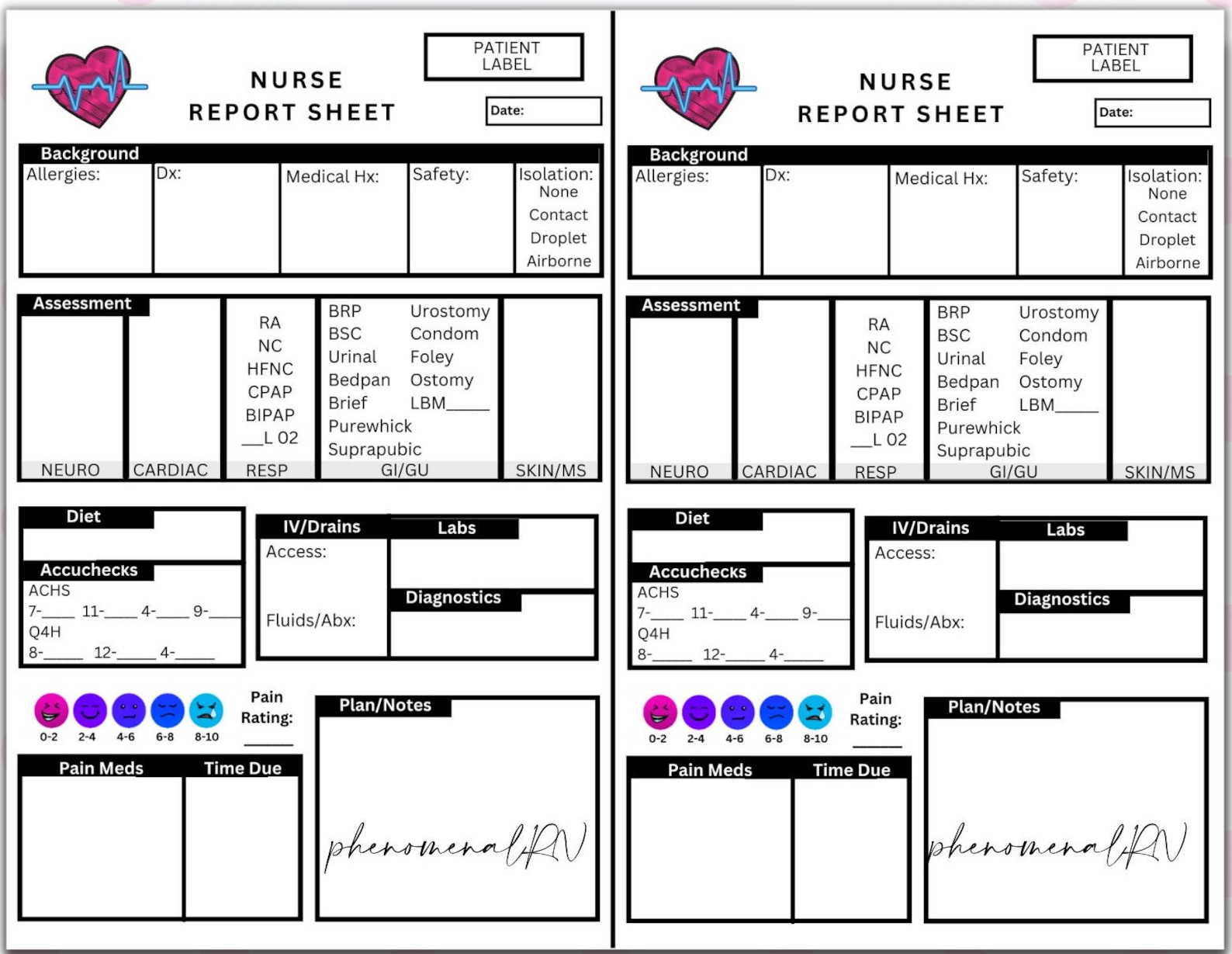 2 Patient Med/surg Nurse Shift Report Template, Nurse Brain Sheet, RN ...