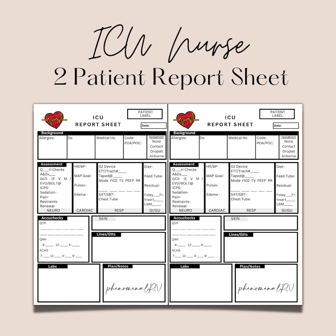 2 Patient ICU Nurse Report Sheet Template, Nurse Brain Sheet, Icu ...