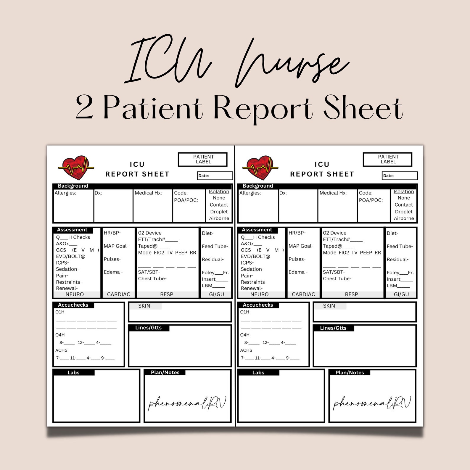 2 Patient ICU Nurse Report Sheet Template, Nurse Brain Sheet, Icu ...