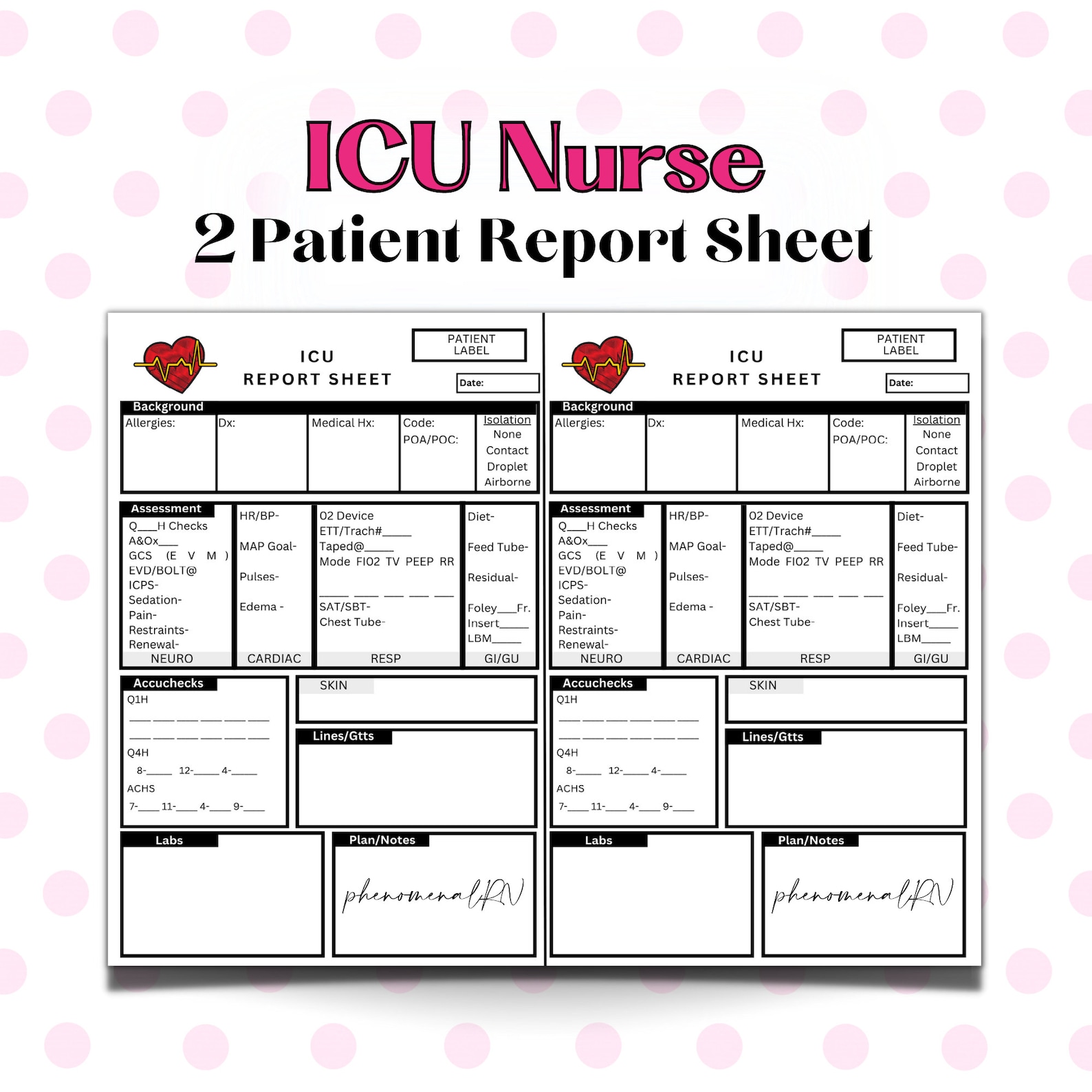 2 Patient ICU Nurse Report Sheet Template Nurse Brain Sheet - Etsy