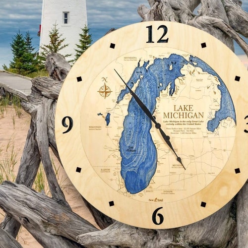 Lake Michigan Nautical Wood Map Wall Clock Large Nautical - Etsy