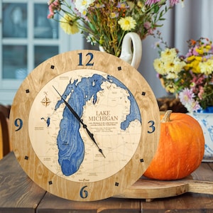 Lake Michigan Nautical Wood Map Wall Clock, Large Nautical Clock, Lake ...