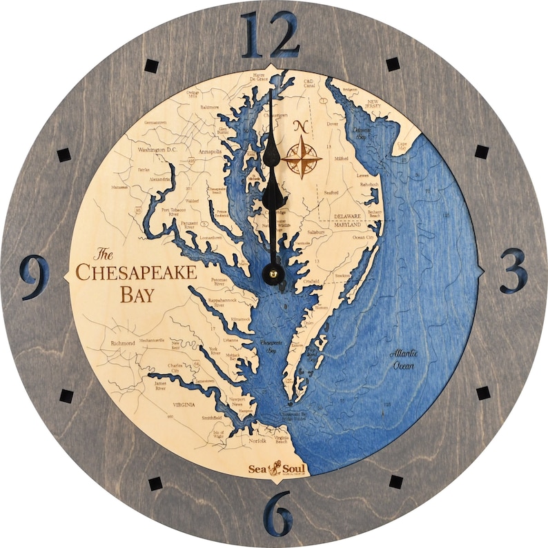 Chesapeake Bay 3D Nautical Wood Map Clock Coastal Chart Wood | Etsy
