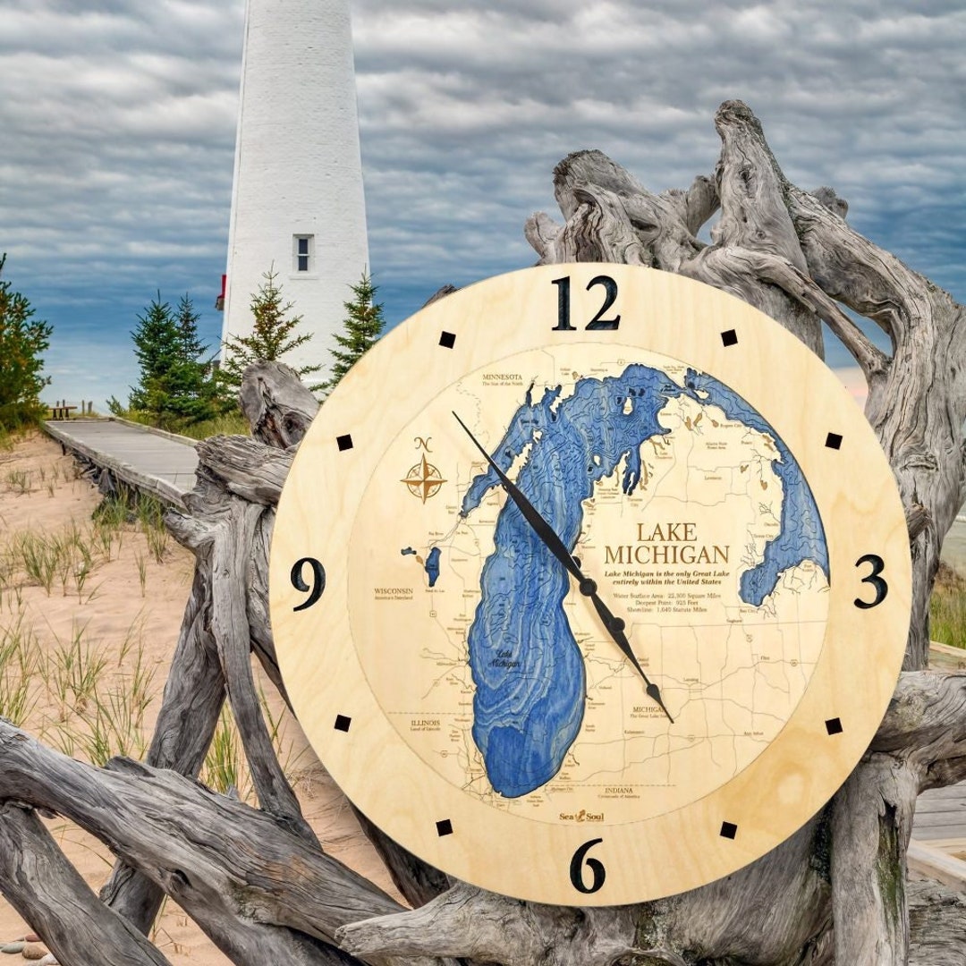 Lake Michigan Nautical Wood Map Wall Clock Large Nautical - Etsy