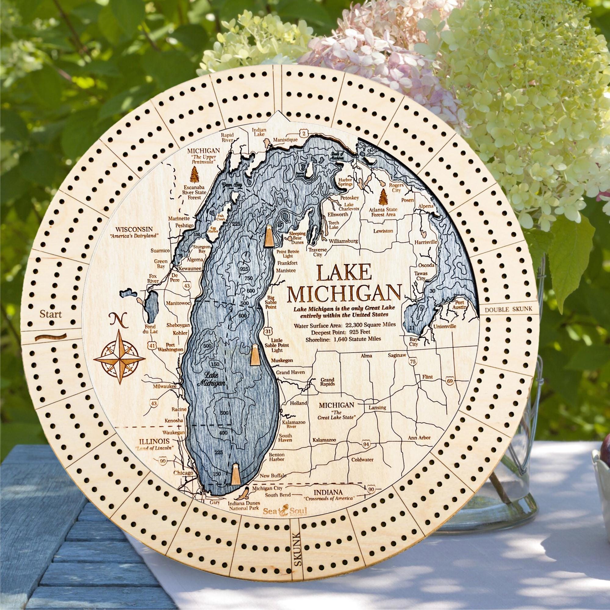 Lake Michigan Cribbage Board: Nautical Chart, Handmade 3-player Game - Etsy