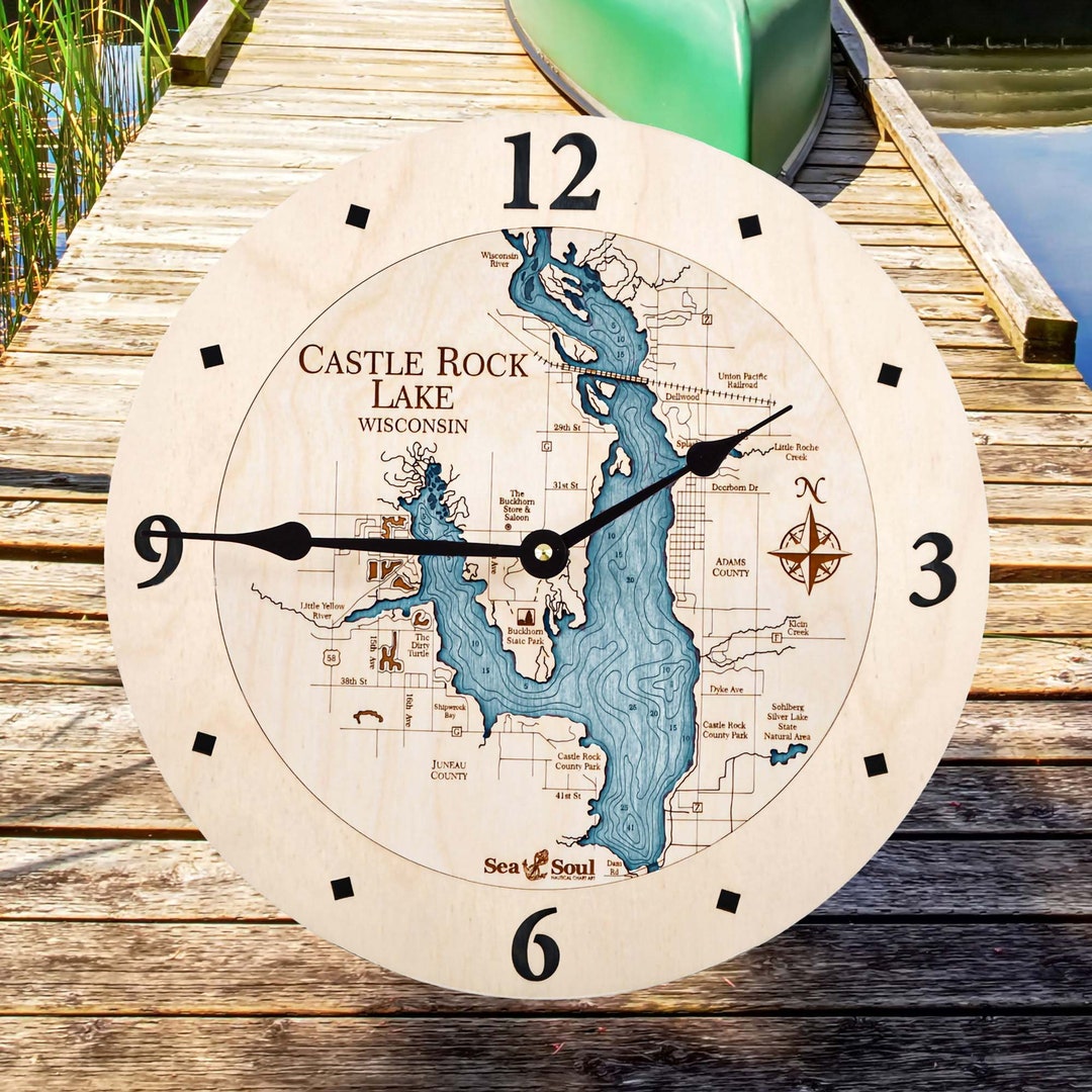 Castle Rock Lake 3D Nautical Chart Wood Wall Clock, Carved Water Depth ...