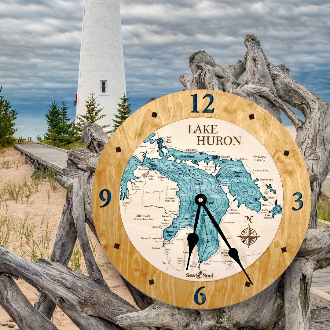 Lake Huron 3D Nautical Wood Map Wall Clocks, Great Lakes Depth Map ...