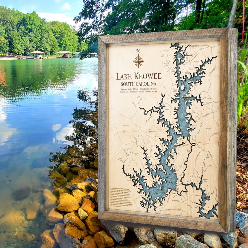 Lake Keowee 3D Wood Map Wall Art, Topographic Water Depth Map, Unique ...