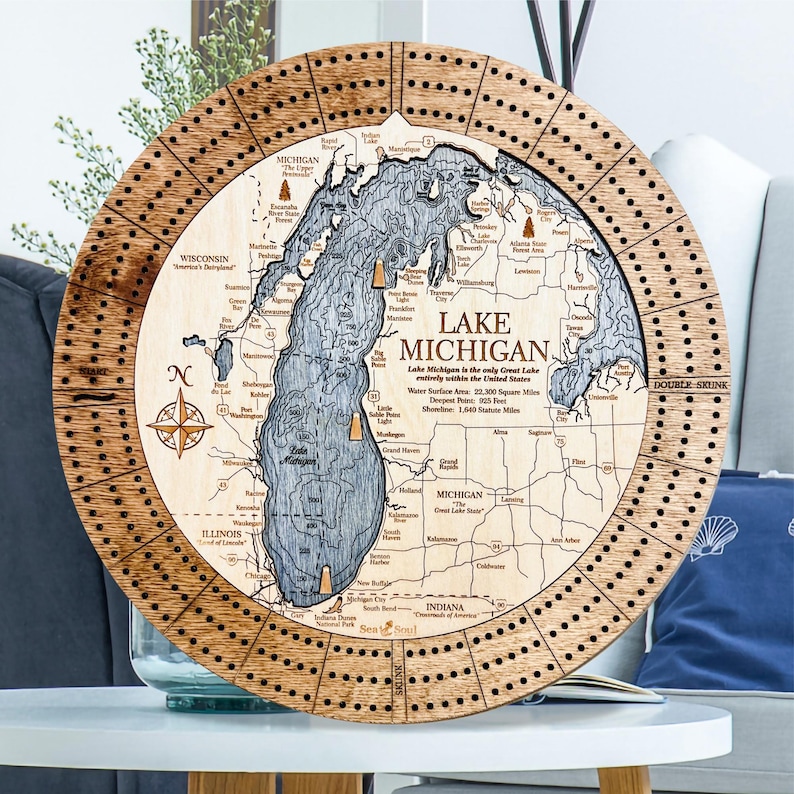 Lake Michigan Cribbage Board: Nautical Chart, Handmade 3-player Game - Etsy