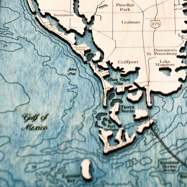 Tampa Bay Nautical Depth Map Wall Art, Coastal 3D Wood Map, Tampa, St ...