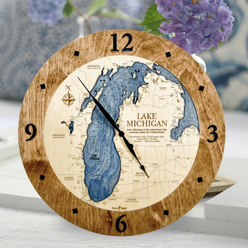 Lake Michigan Nautical Wood Map Wall Clock Large Nautical - Etsy