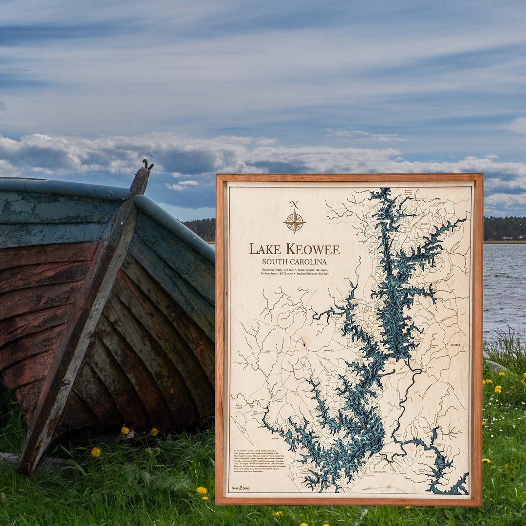 Lake Keowee Nautical Wood Map Wall Art, Custom Lake House Decor Laser ...