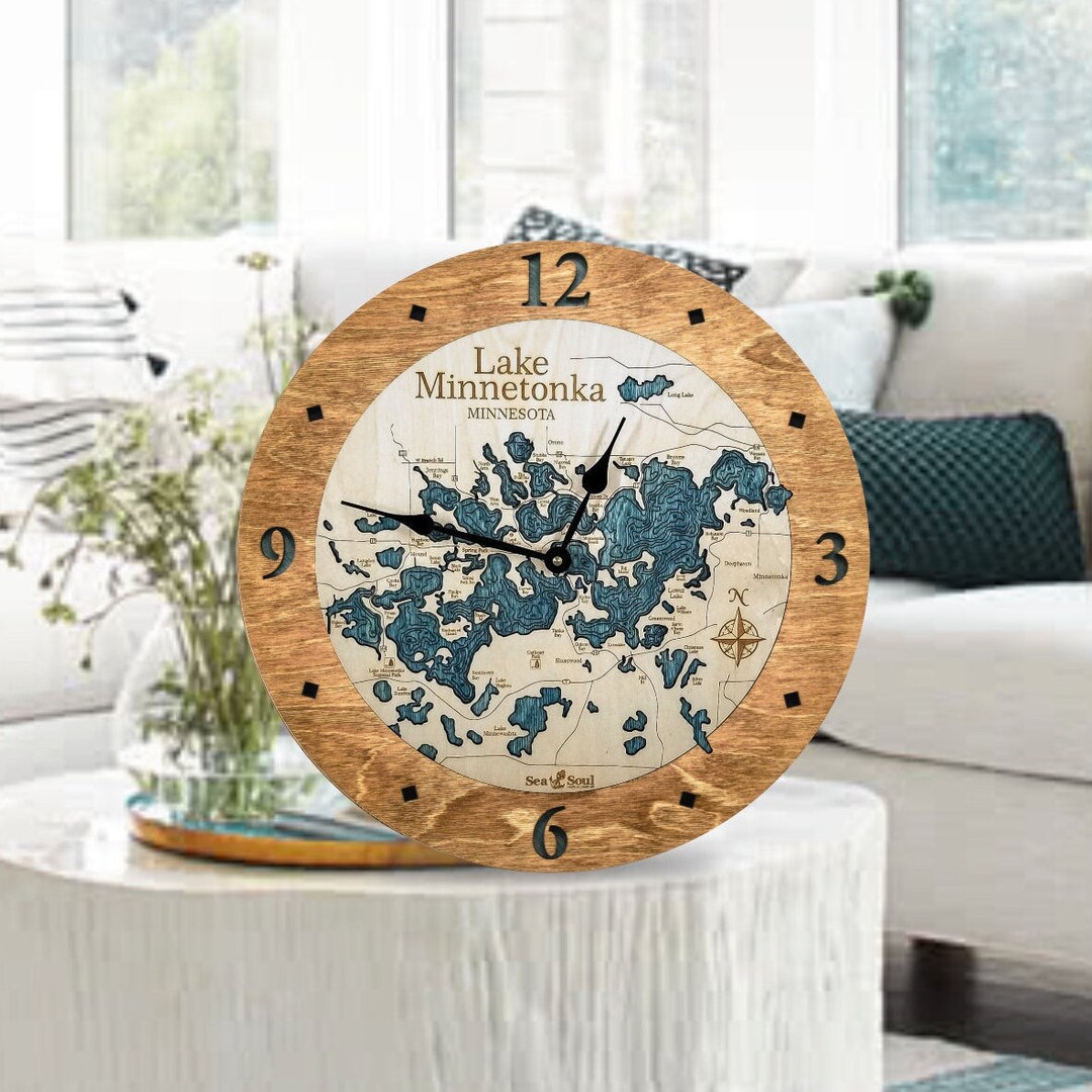 Lake Minnetonka 3D Depth Map Clock, Carved Lake Art Wood Clock, Unique ...