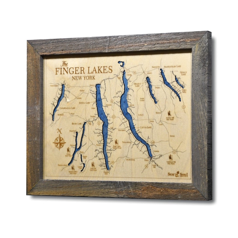 Finger Lakes 3D Nautical Wood Map Wall Art, 2-sizes, Nautical Chart ...