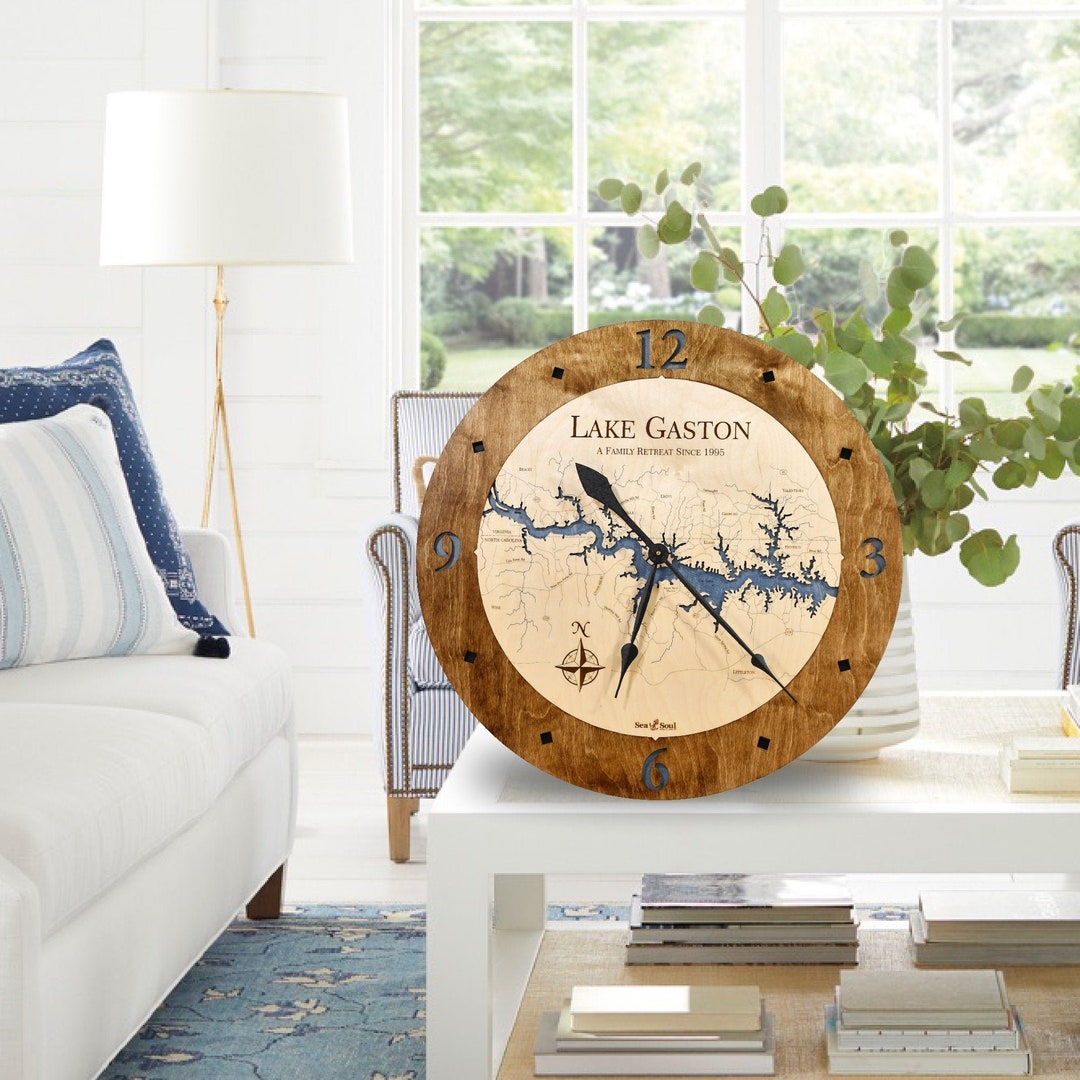 Lake Gaston 3D Wood Map Nautical Clock, Lake Art Carved Wooden Clock ...