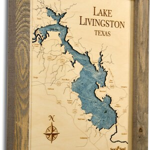 Lake Livingston Topographic Nautical Map Wall Art, 3D Carved Wood Map ...