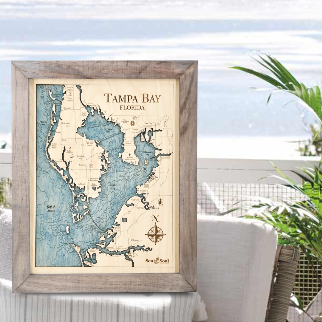 Tampa Bay Nautical Depth Map Wall Art, Coastal 3D Wood Map, Tampa, St ...