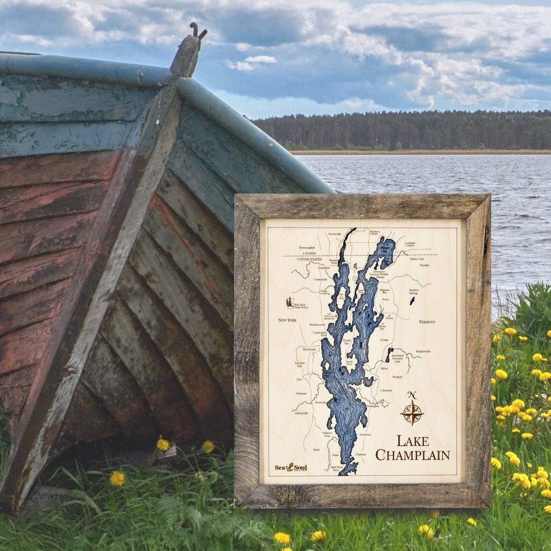 Lake Champlain Topographic Nautical Wood Chart, Carved 3D Wood Lake Map ...