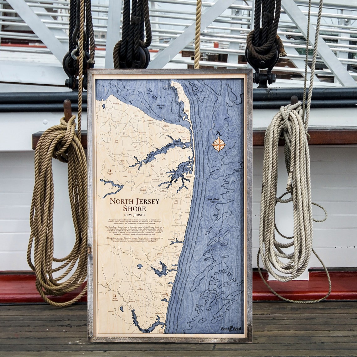 Jersey Shore Nautical Wood Map Wall Art, Made in the USA, Sandy Hook ...