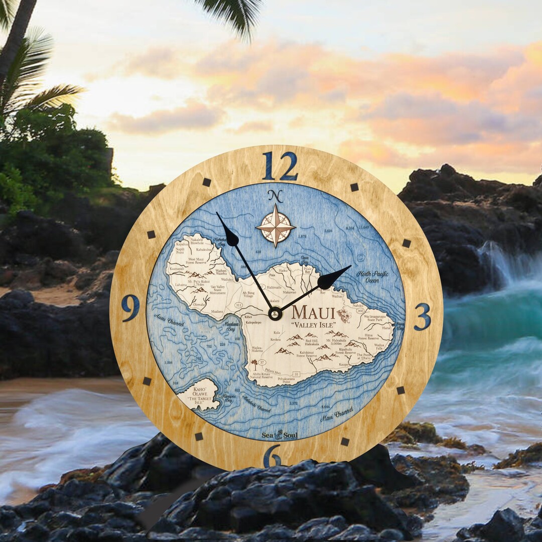 Hawaii Nautical Wood Chart Wall Clock, Oahu Carved Wood Map Clock, Maui ...