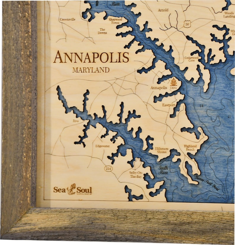 Annapolis Nautical Chart Wood Wall Art 13x16, Carved 3D Water Depth Map ...