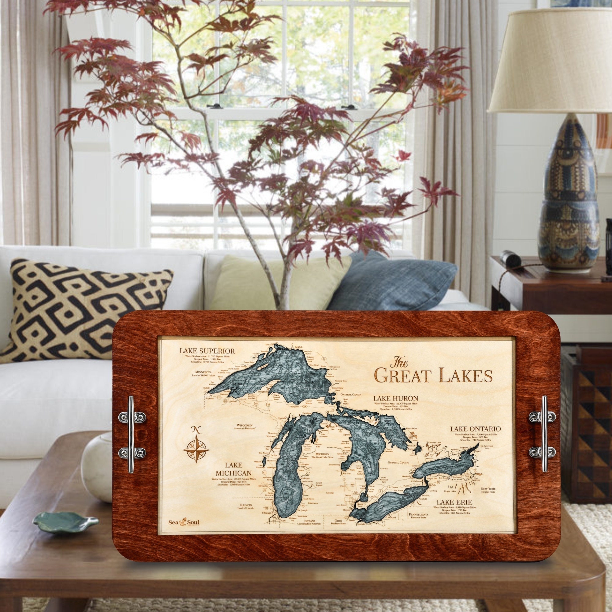 Great Lakes 3D Nautical Wood Map Wall Art & Serving Tray, Carved Lake ...