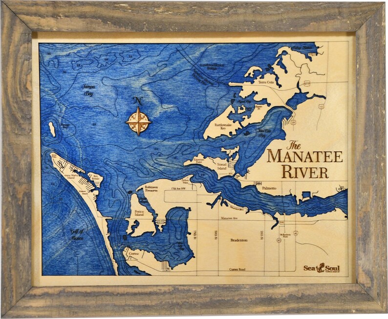 Manatee River Nautical Depth Map Wall Art Topographic 3D Wood | Etsy