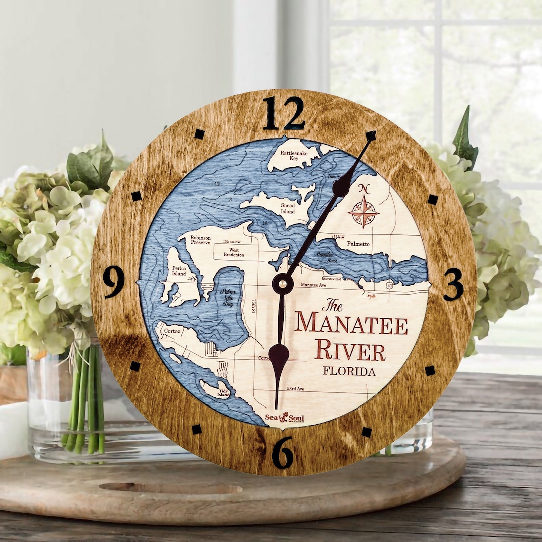 Manatee River 3D Wood Map Nautical Wall Clock, Bradenton Carved Water ...