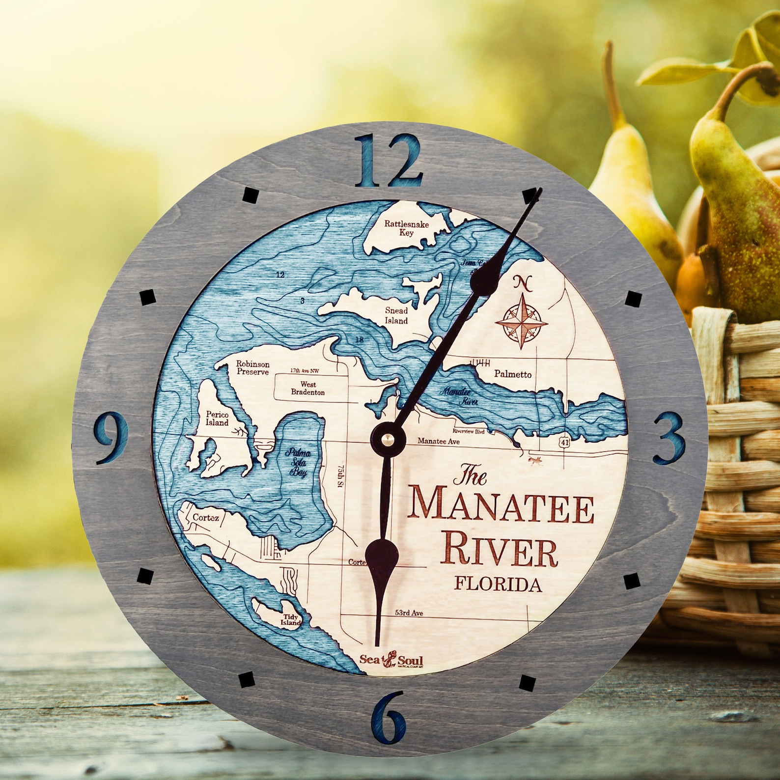 Manatee River 3D Wood Map Nautical Wall Clock, Bradenton Carved Water ...
